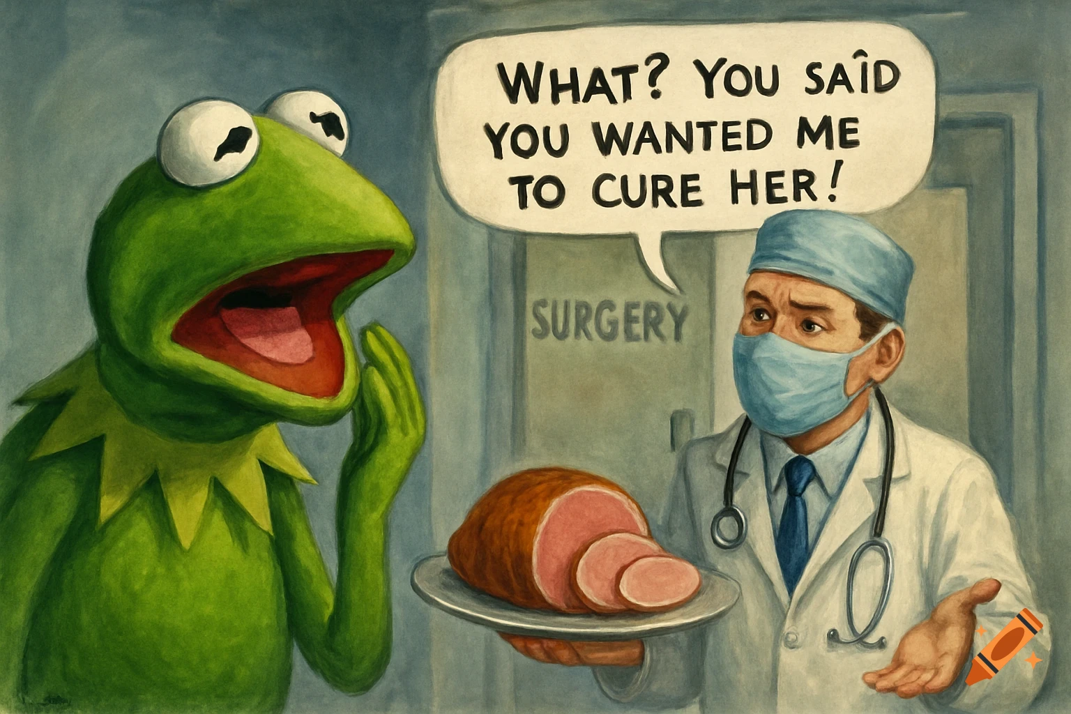 Painting of Kermit the Frog looking shocked at a doctor holding ham and ...
