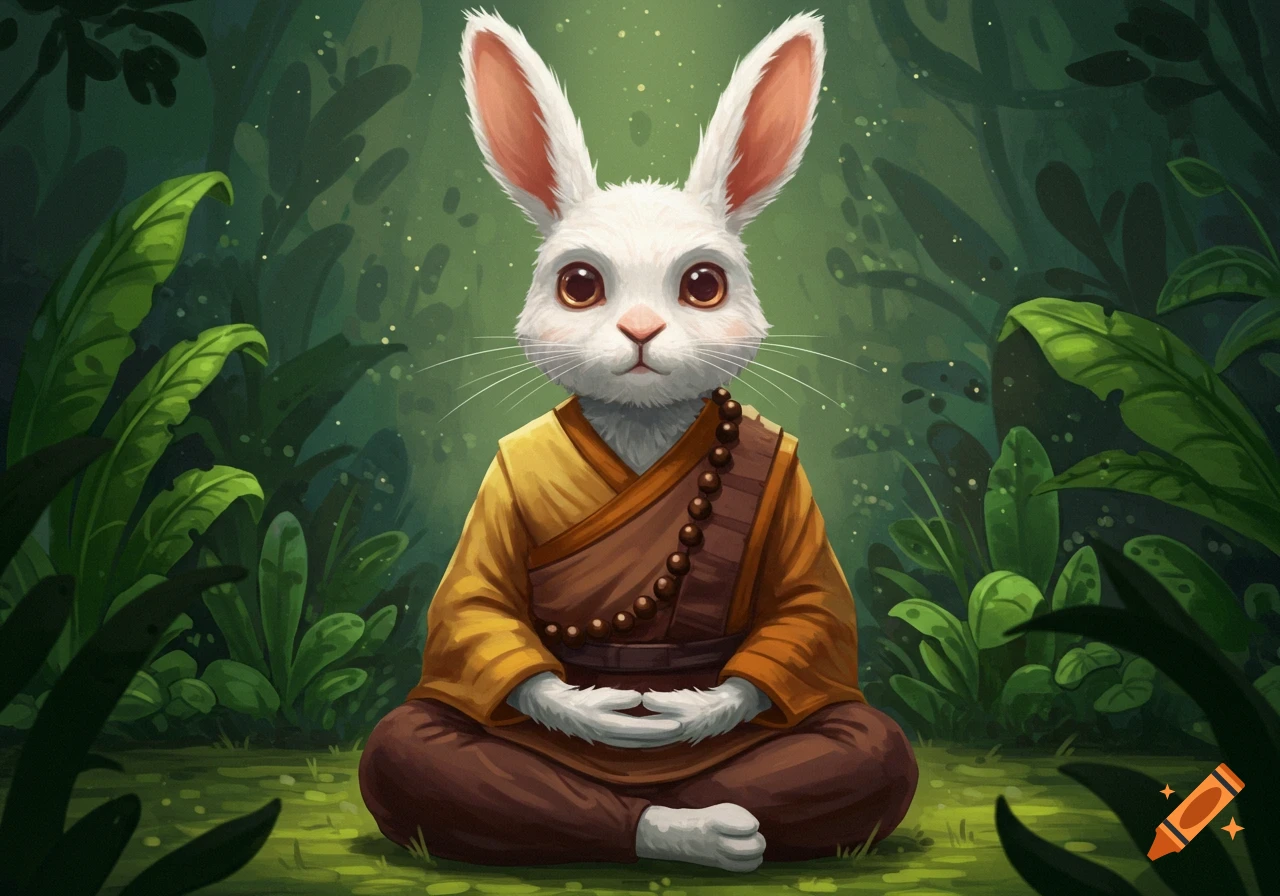 A white rabbit dressed as a monk meditates in a forest. on Craiyon