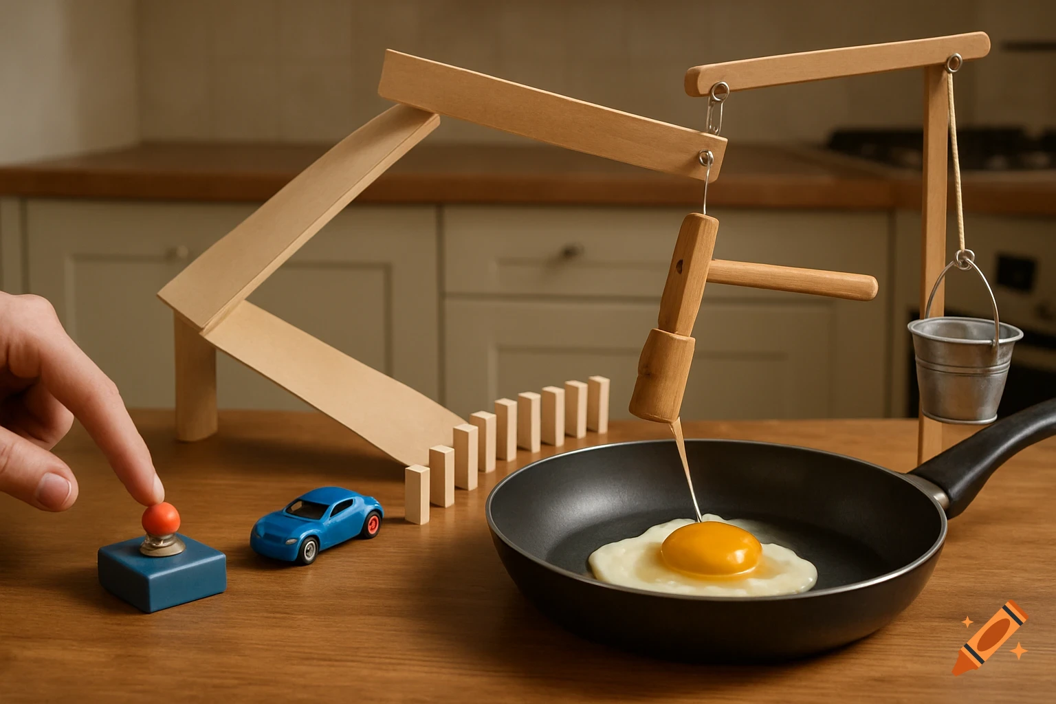 A hand presses a button starting a Rube Goldberg machine designed to ...