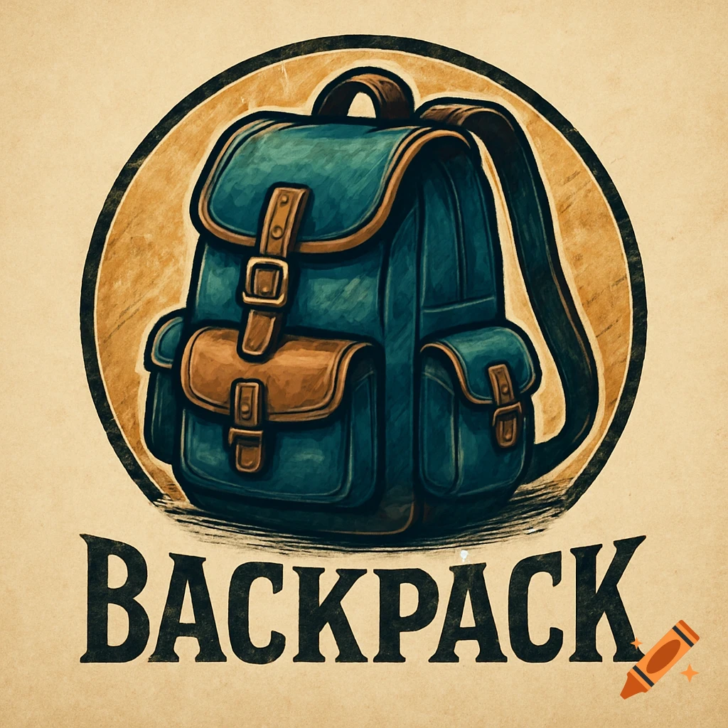 Illustrated logo of a blue and brown backpack with text below. on Craiyon