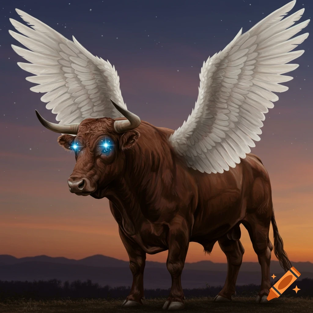 A realistic brown bull with white wings and glowing blue eyes ...