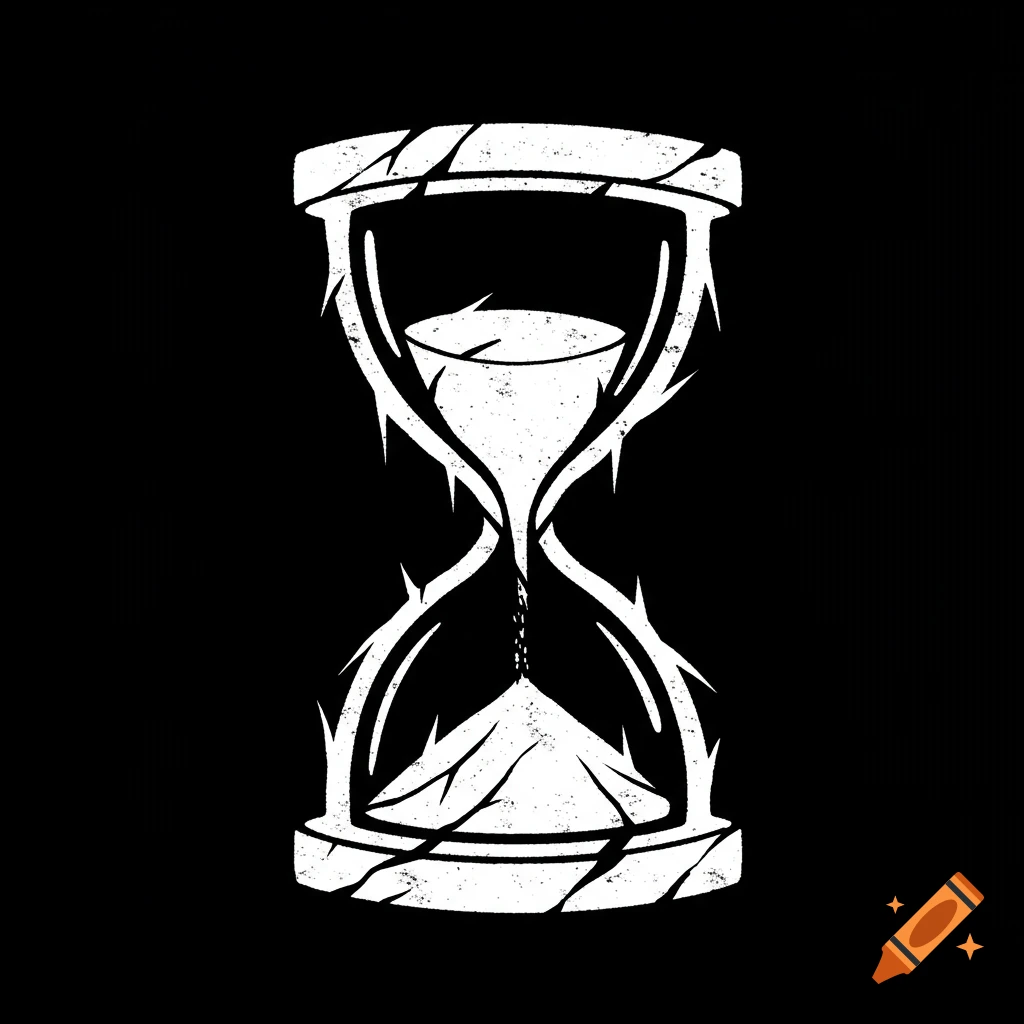 White stylized hourglass symbol with sharp points on black background ...