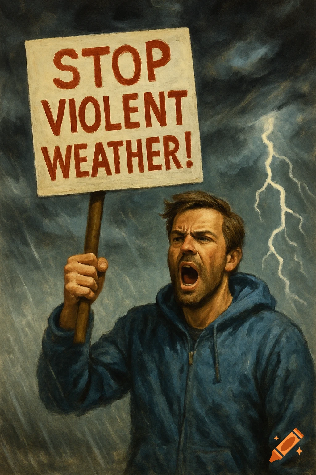 Painting of a man protesting with a sign that says "Stop Violent ...