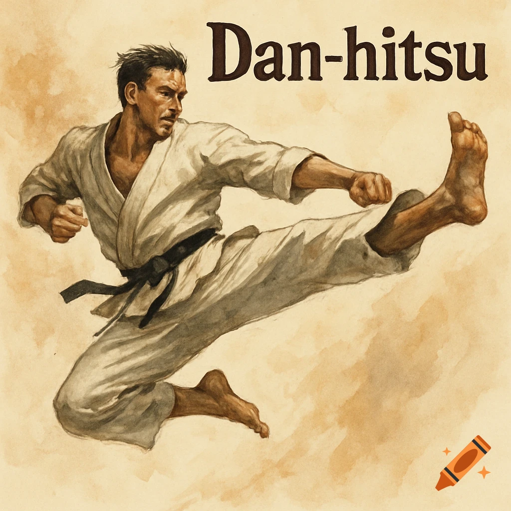 A man in a martial arts gi performs a flying high kick in a watercolor ...