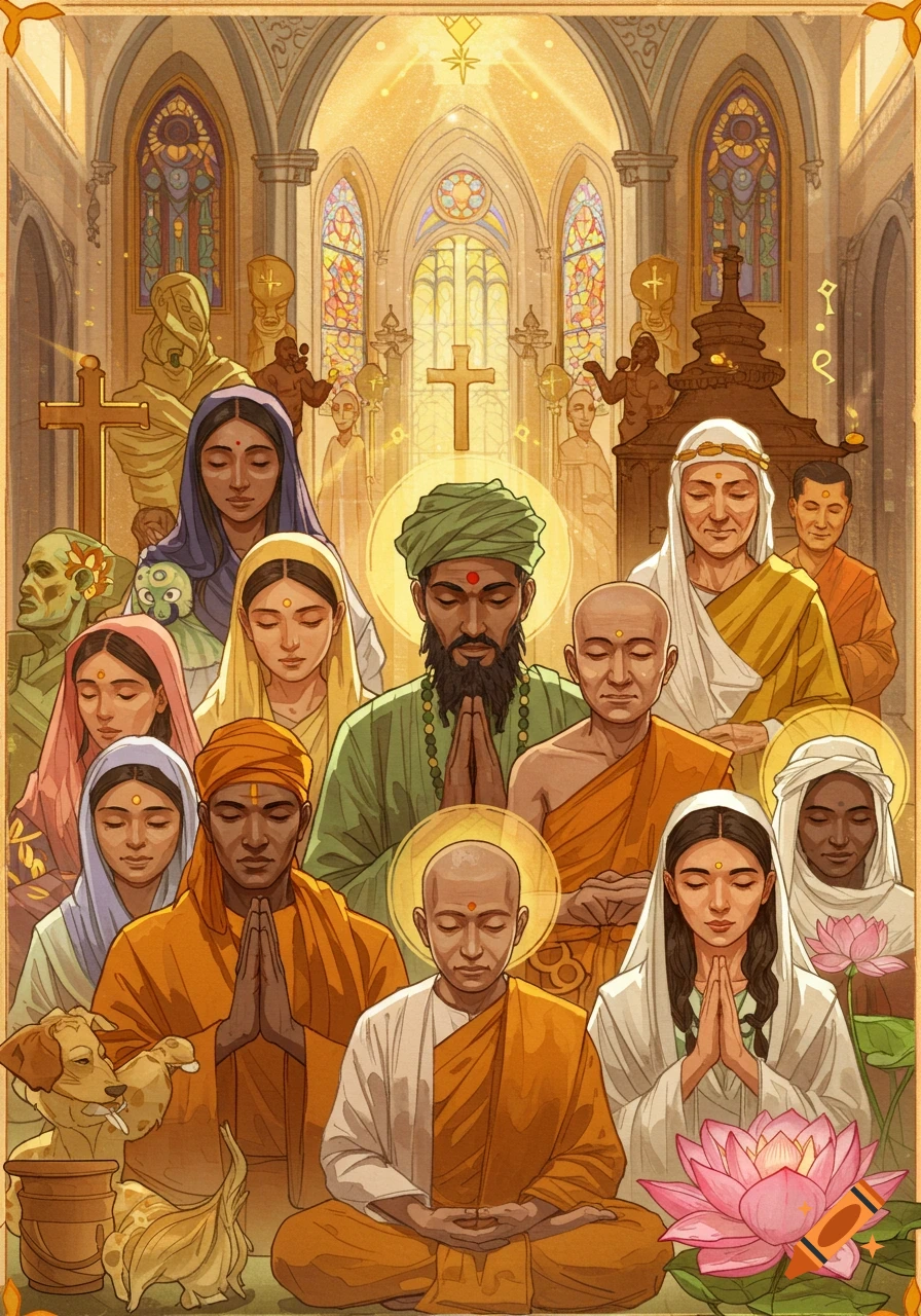 Illustrative painting of people from different religions praying ...
