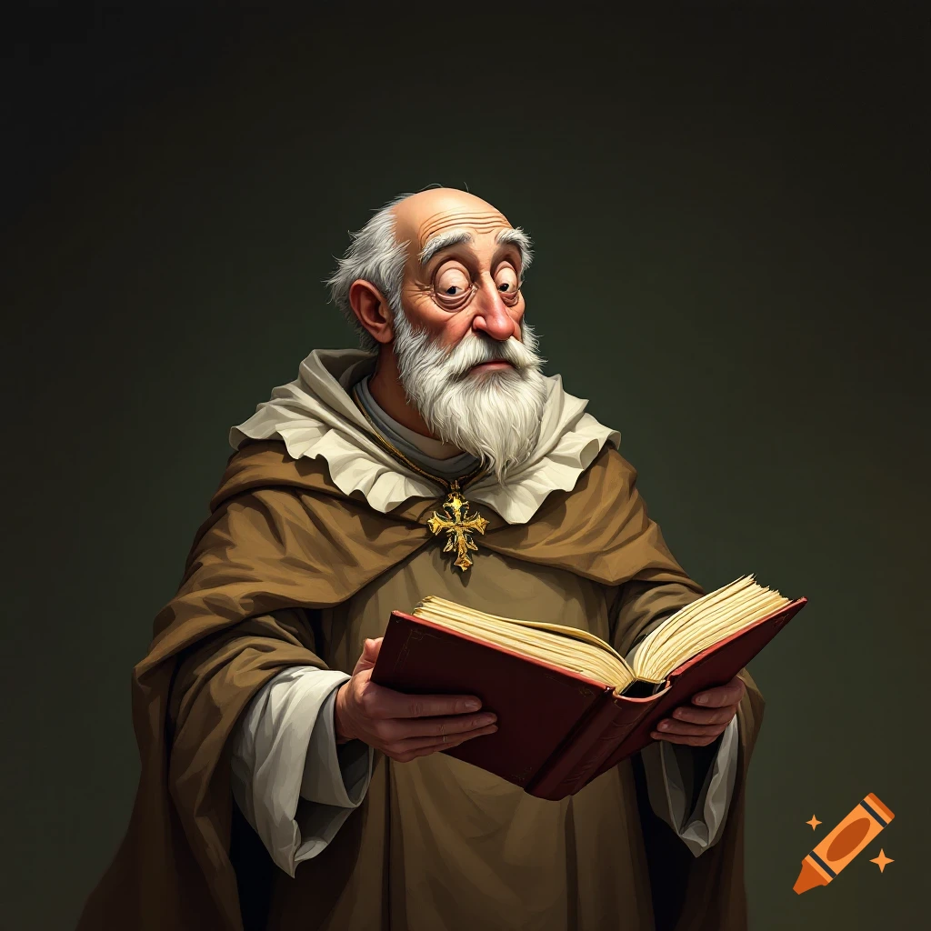 Cartoon illustration of an elderly monk in robes reading a book. on Craiyon