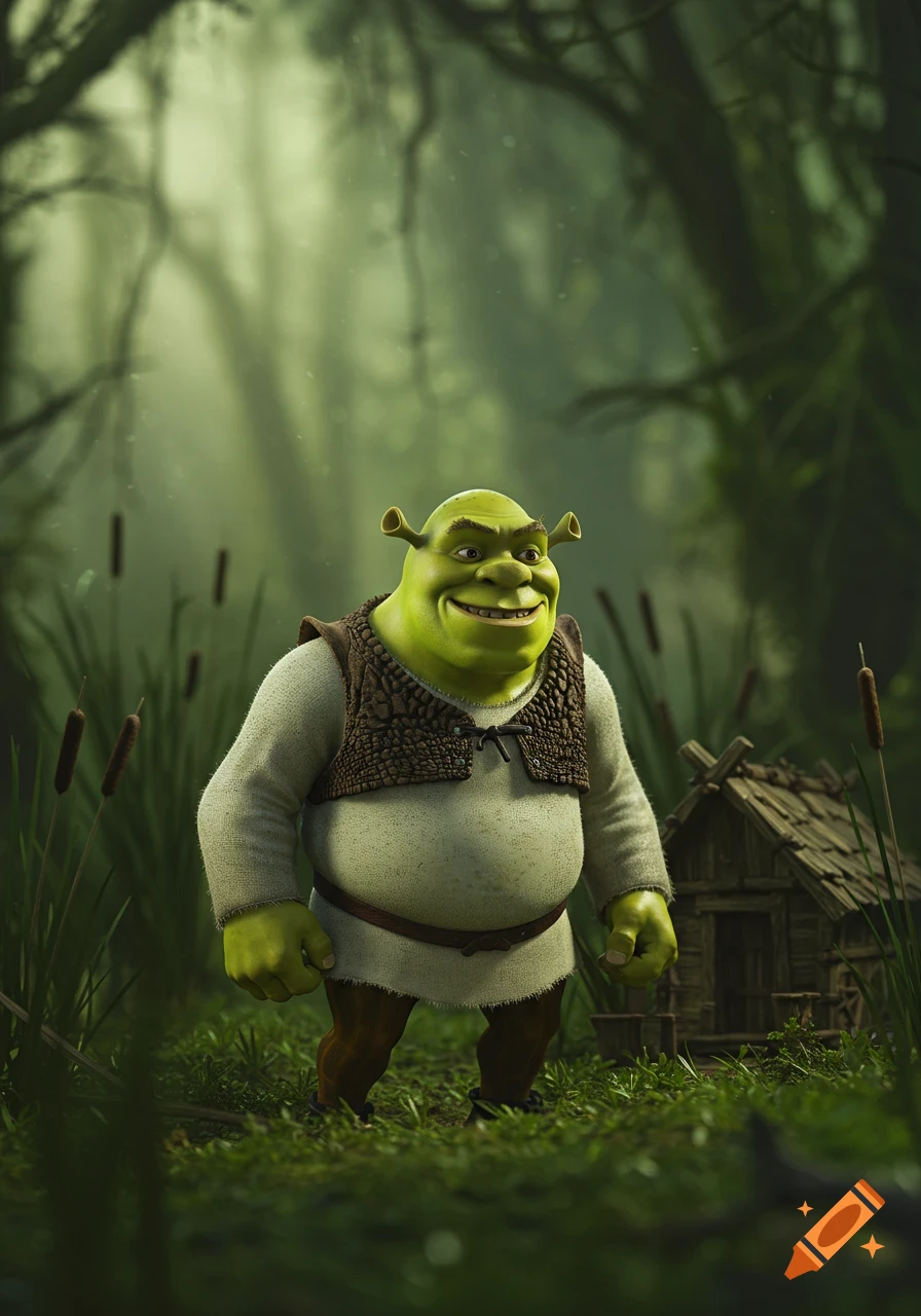 Shrek stands in a swampy forest near a small hut. on Craiyon