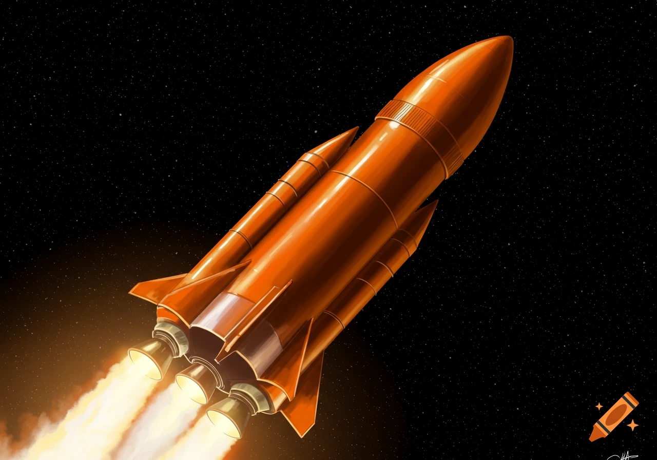 An orange rocket launches into a starry black space, exhaust trailing ...