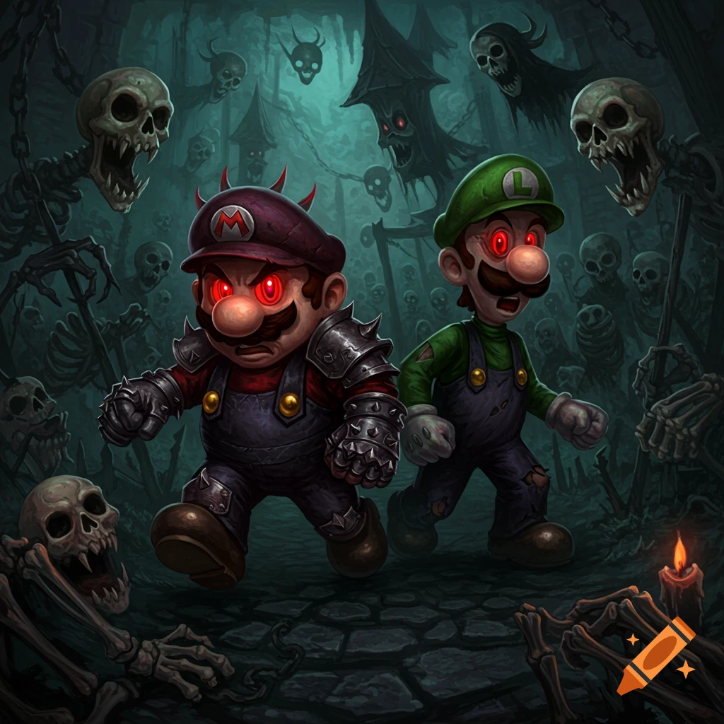 Mario and Luigi with red eyes and dark fantasy armor walk through a ...