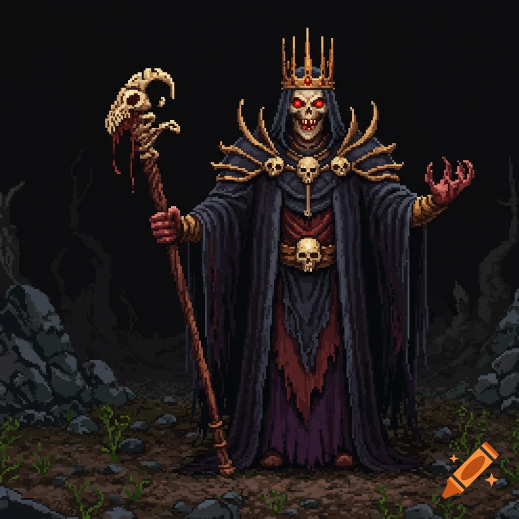 Pixel art of an undead king wearing a crown and dark robes, holding a ...