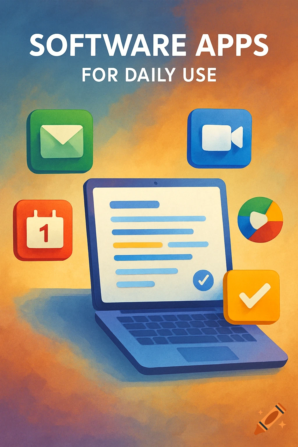 Illustration of a laptop and app icons with the text SOFTWARE APPS FOR ...