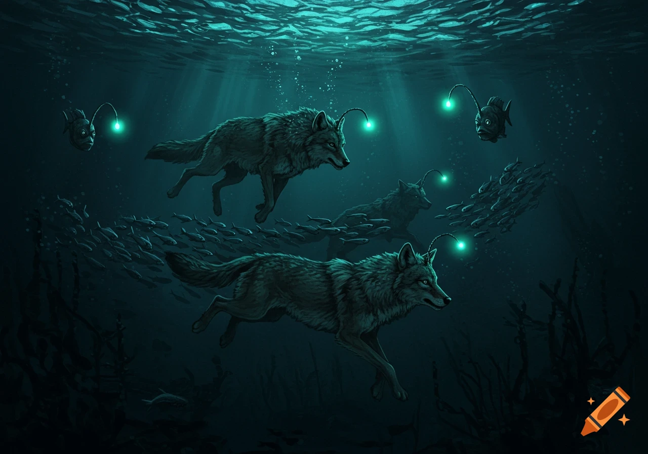 Fantasy illustration of wolves with anglerfish lights swimming ...