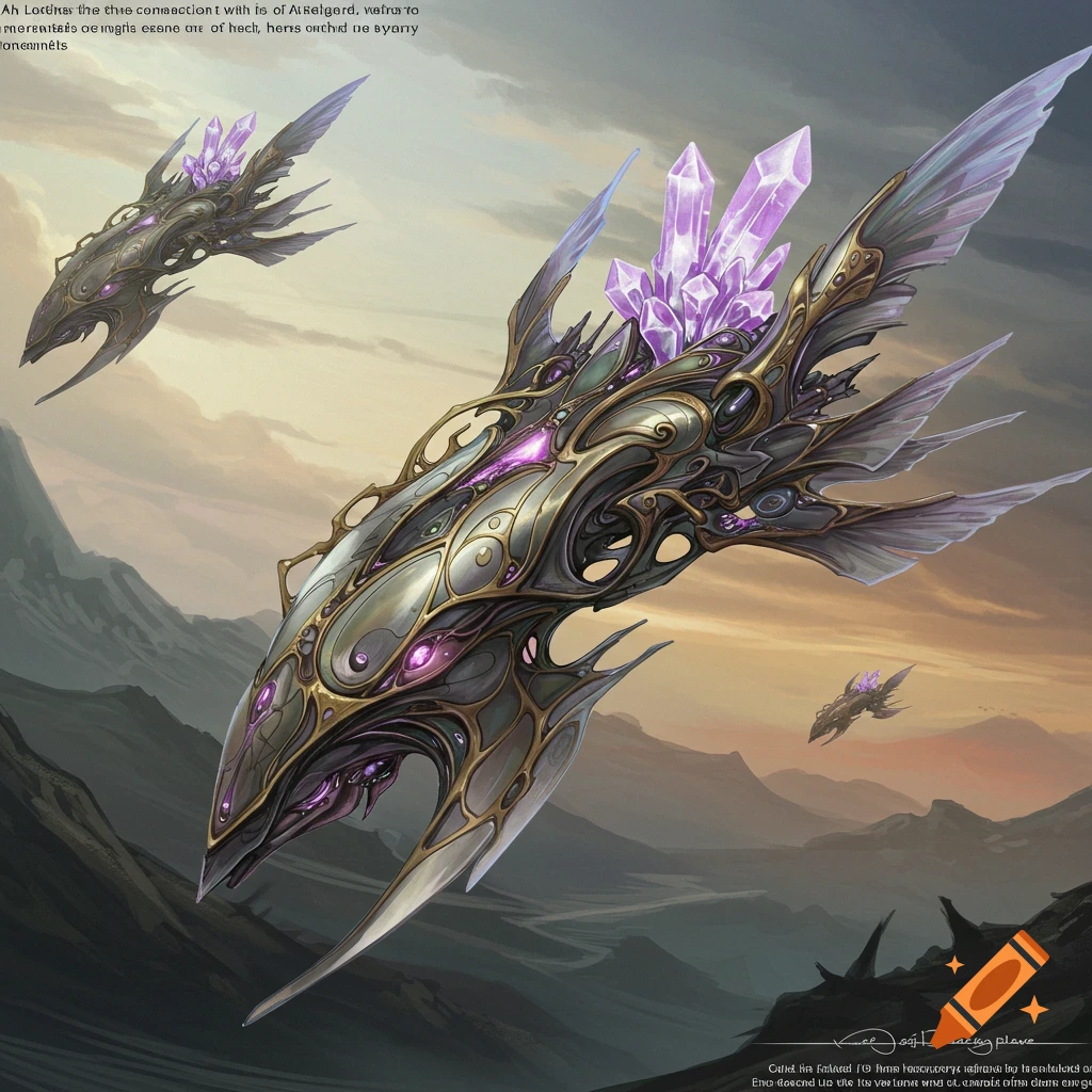 Detailed fantasy/sci-fi ships with purple crystals fly over rocky ...