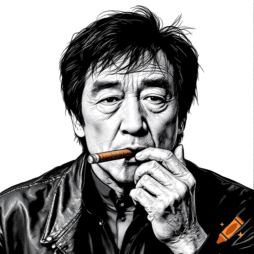 Black and white drawing portrait of Jackie Chan smoking a cigar. on Craiyon