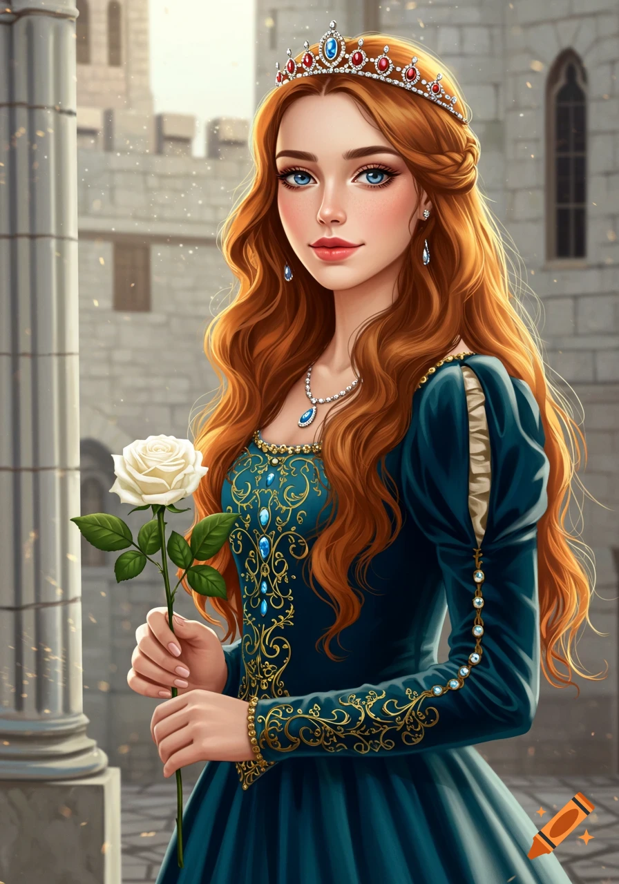 A red-haired princess in a blue dress holds a white rose outside a castle. on Craiyon