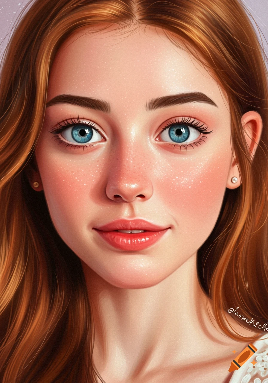Close-up digital art portrait of a young woman with blue eyes, red hair, and freckles. on Craiyon