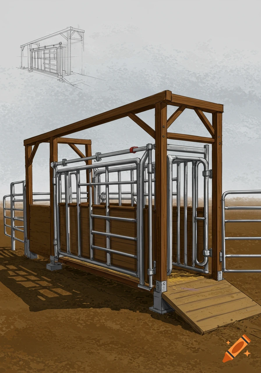 A technical illustration of a cattle chute with a wooden frame and ...