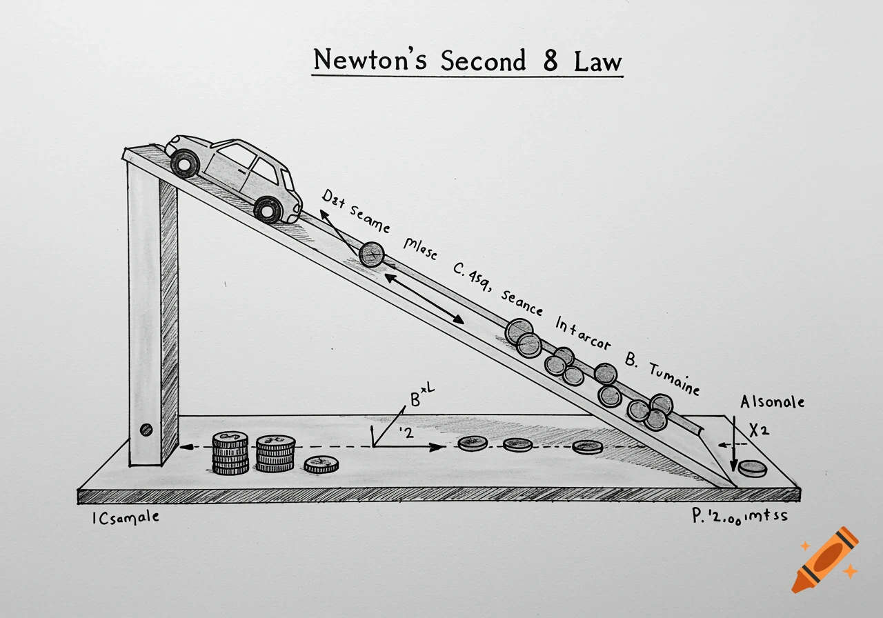 Line drawing of a science experiment setup with a car on a ramp, balls ...