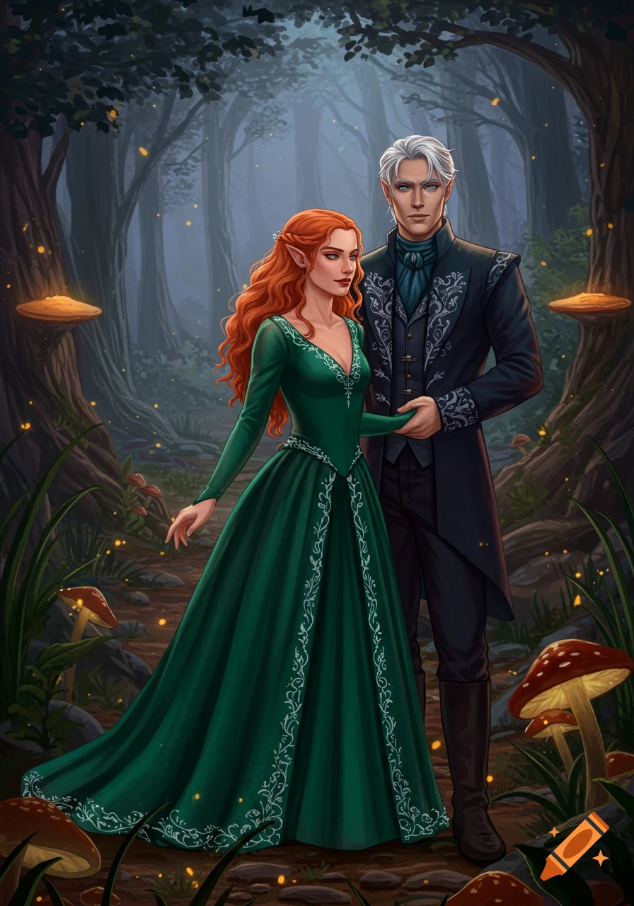 Fantasy illustration of two characters with pointed ears in a forest ...