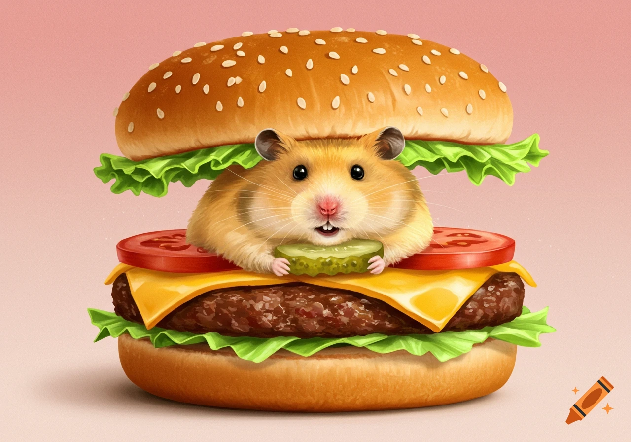 Cute hamster holds a pickle slice inside a large hamburger ...