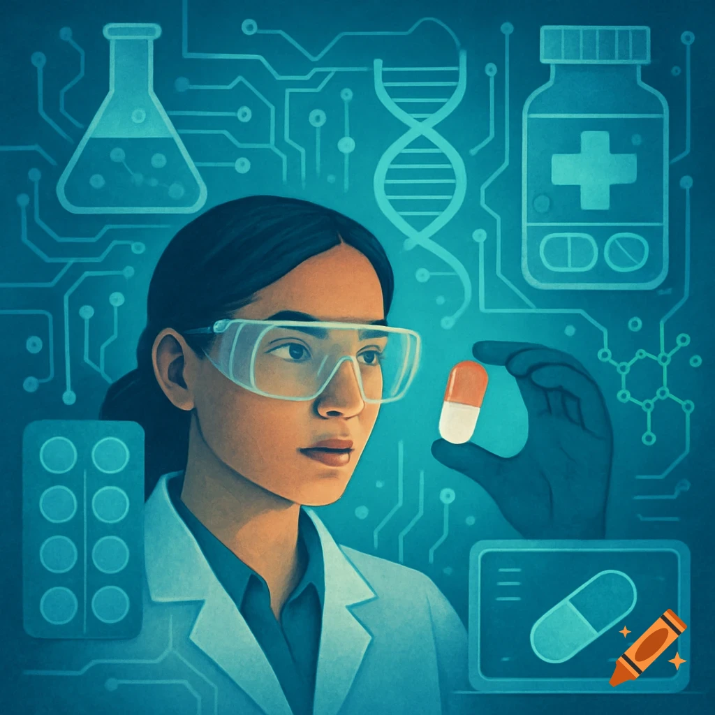 Scientist in goggles holding a pill, surrounded by lab equipment and ...