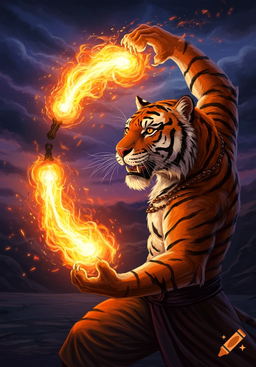 A fantasy illustration of a bipedal tiger performing a fire show ...