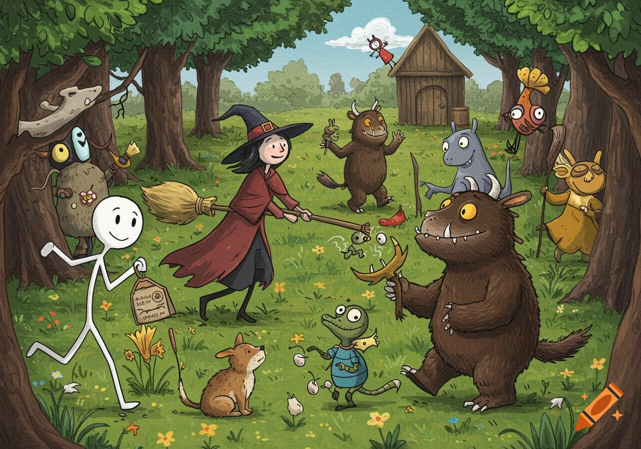 Children's book illustration of a witch, stick figure, Gruffalo, and ...