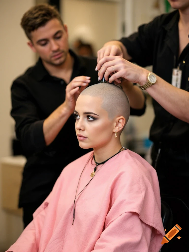 Woman with shaved head gets her head shaved by two stylists in a salon ...