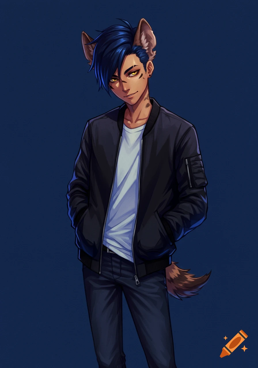 An anime-style drawing of a hyena hybrid boy wearing a bomber jacket ...