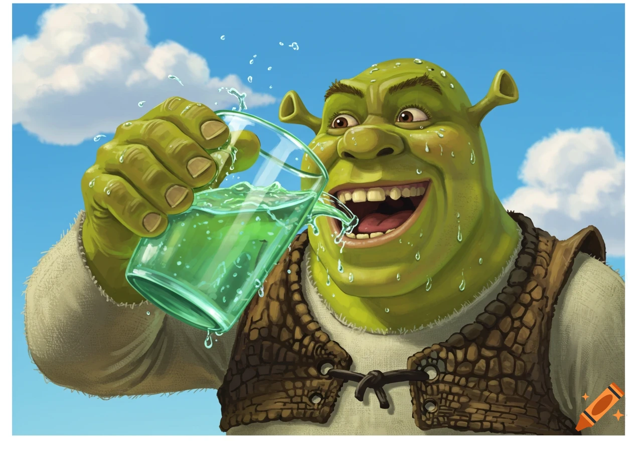 Shrek happily chugging water from a glass on a sunny day on Craiyon