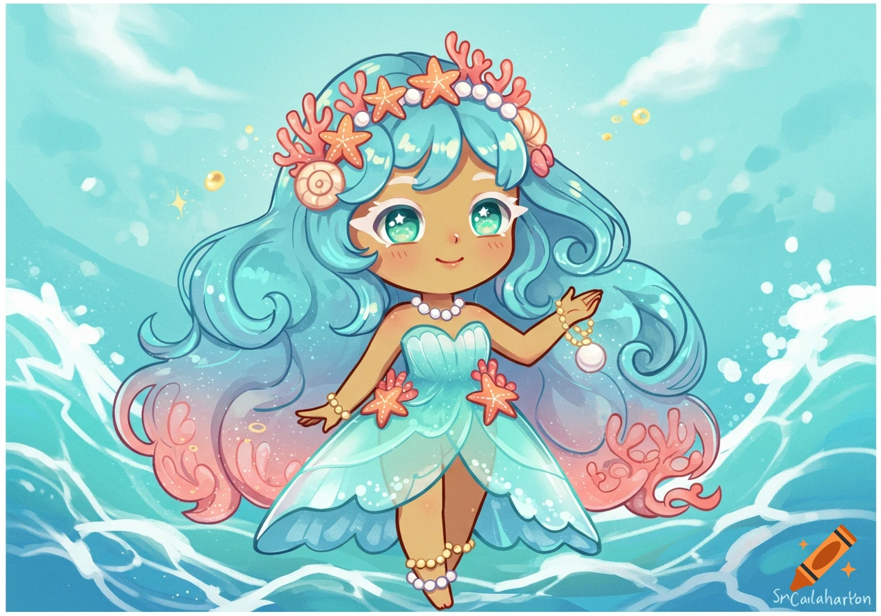 Chibi anime character with blue hair in ocean dress standing in water ...