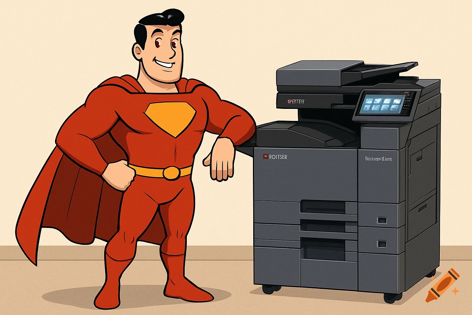 Cartoon superhero in red suit and cape standing next to a copier. on Craiyon