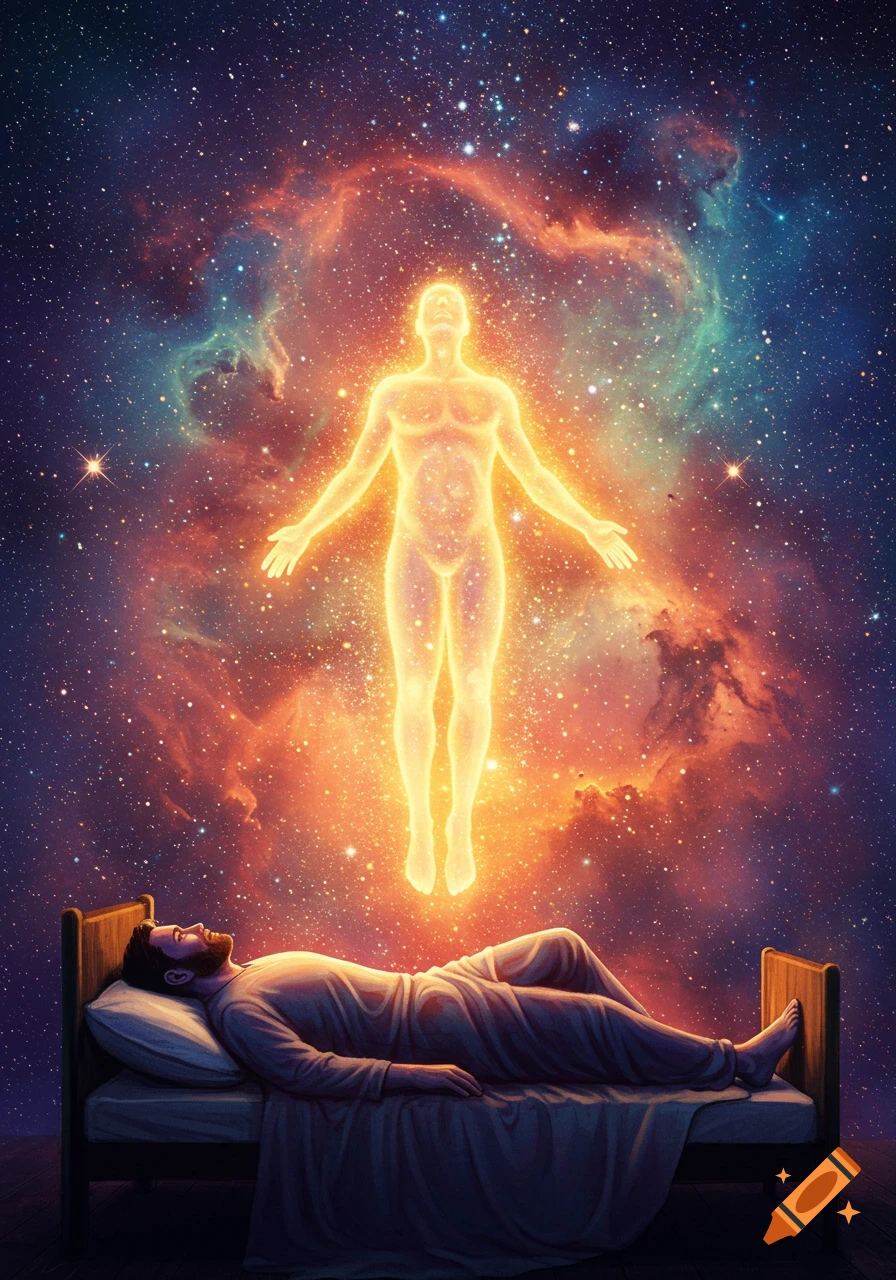 A man lies on a bed as a glowing, ethereal figure rises above him into ...