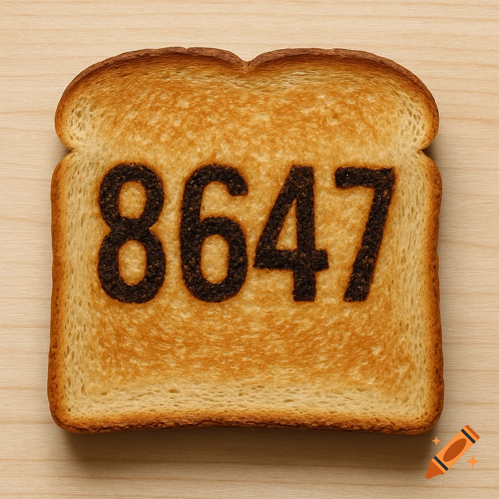 A slice of toast with the number 8647 burned into its surface, sitting ...
