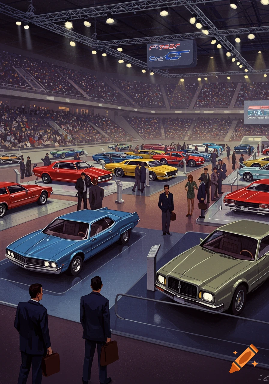 Illustrated scene of a classic car show inside a large arena with many ...