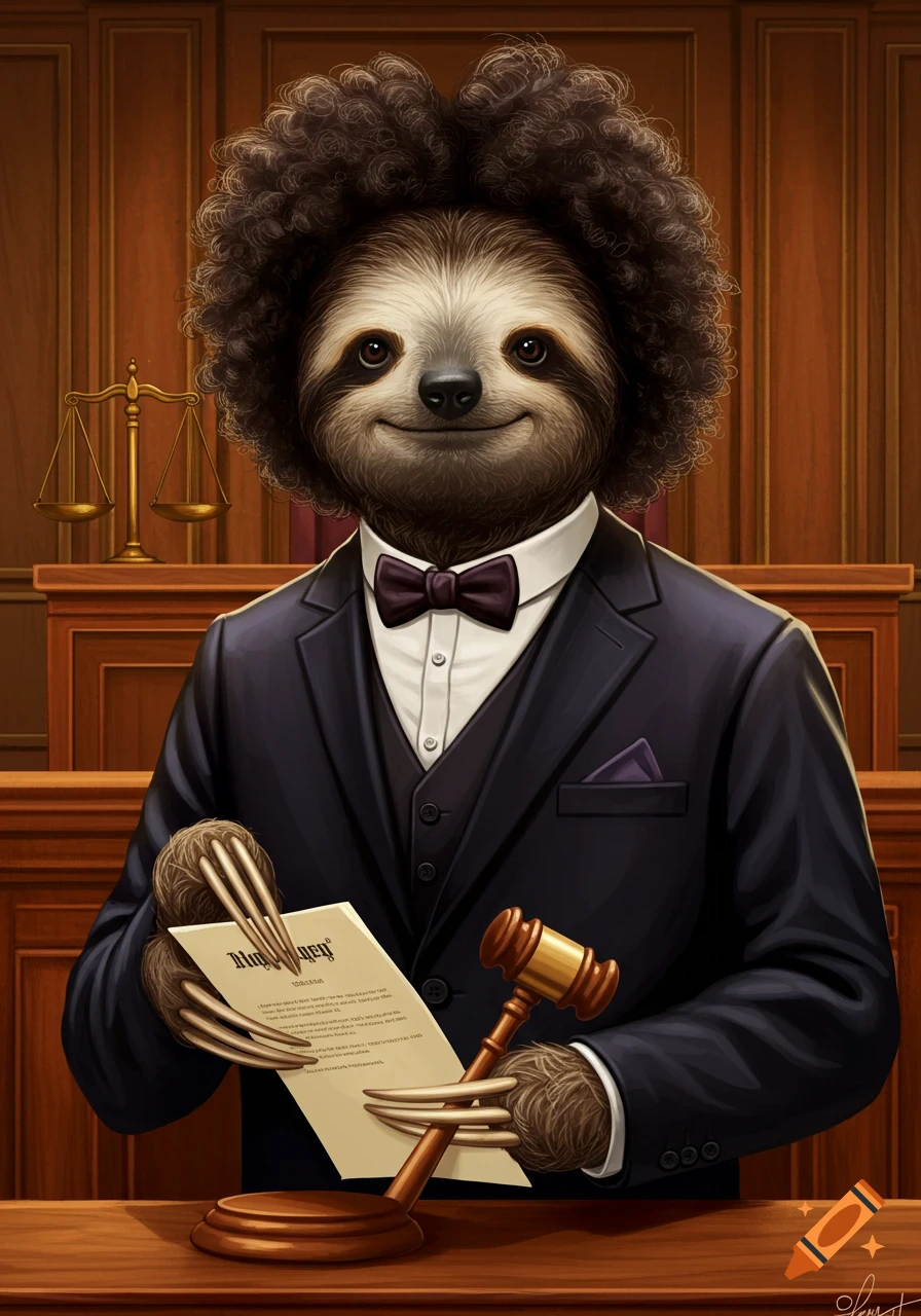 A sloth dressed in a suit and bow tie stands in a courtroom, holding a ...