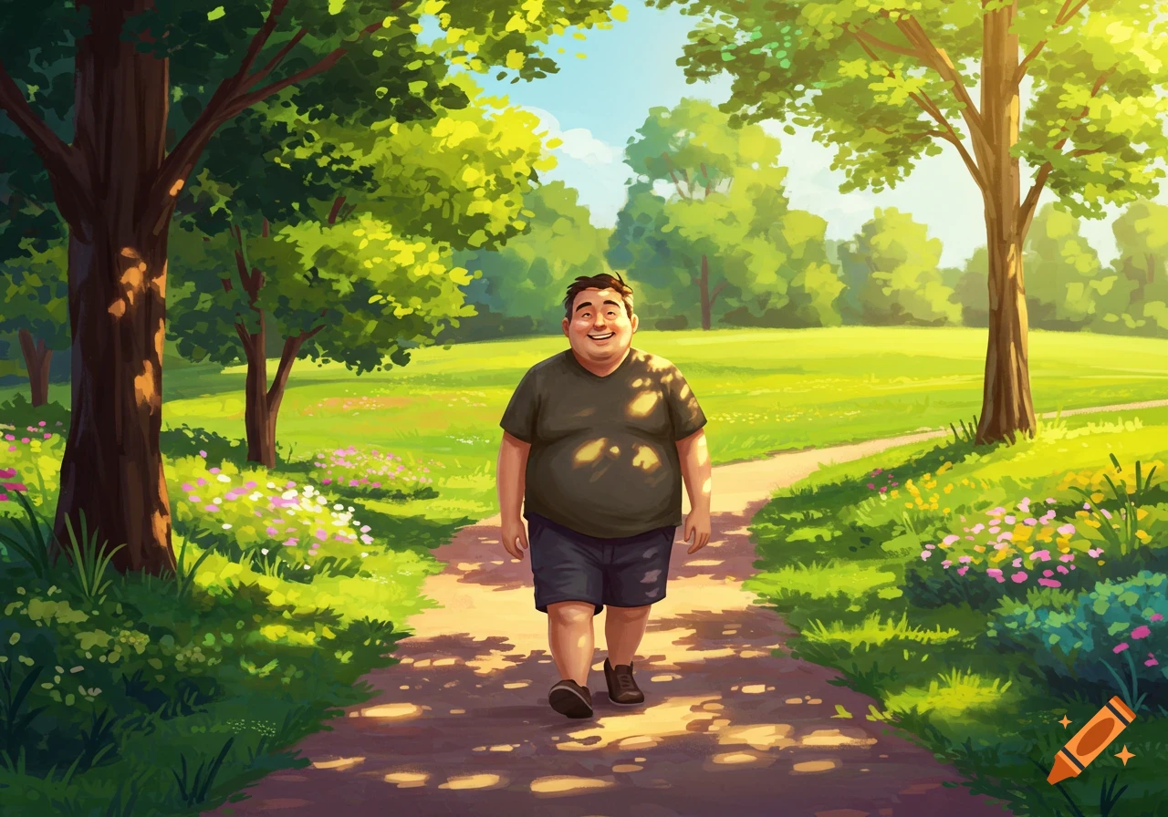 Illustrative image of an overweight man walking on a sunny path in a ...