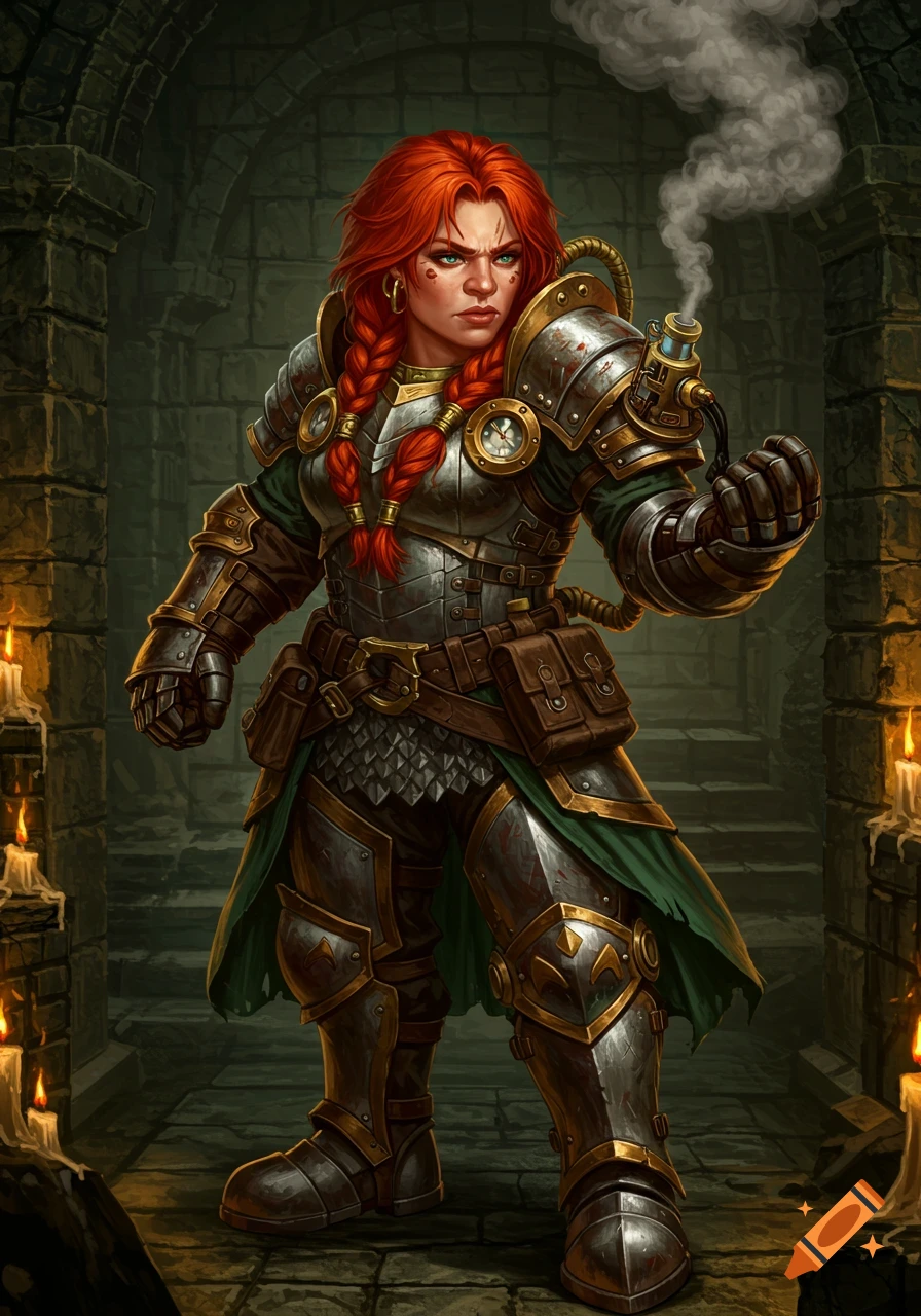 A female dwarf with red braids wearing detailed steampunk armor stands ...