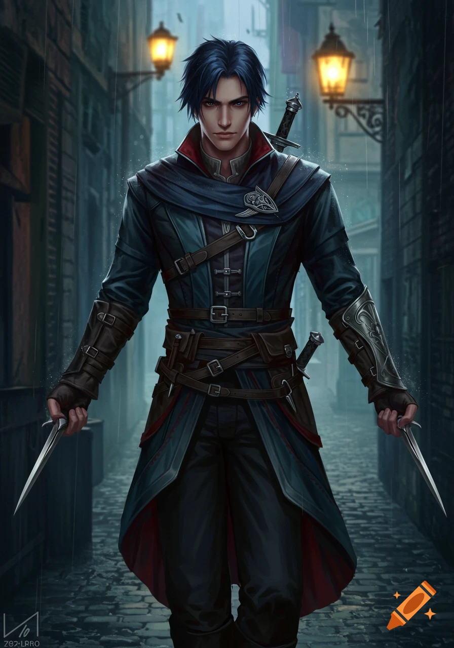 Realistic digital painting of a man in an assassin outfit holding ...