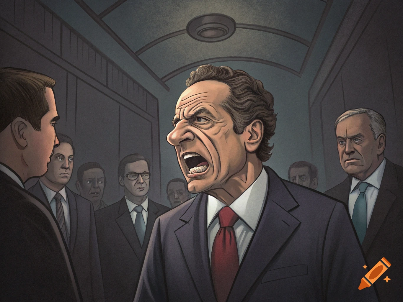 Cartoon illustration of an angry man resembling Andrew Cuomo shouting ...