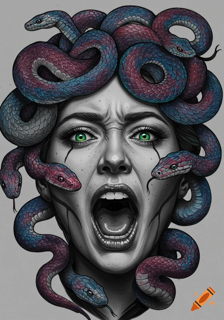 Illustration of Medusa screaming, with colored snakes for hair and ...