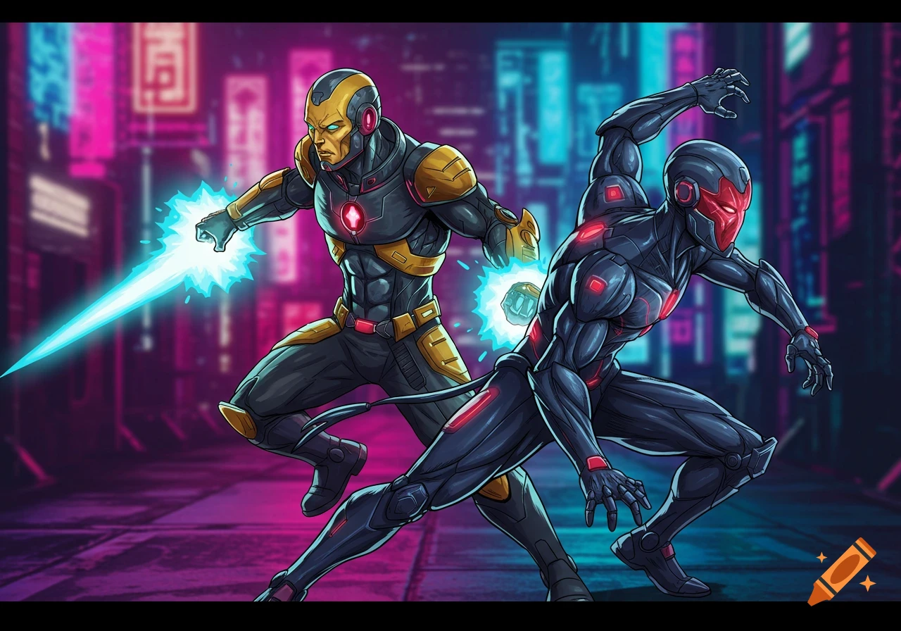 Two futuristic heroes in dynamic poses against a neon city backdrop ...