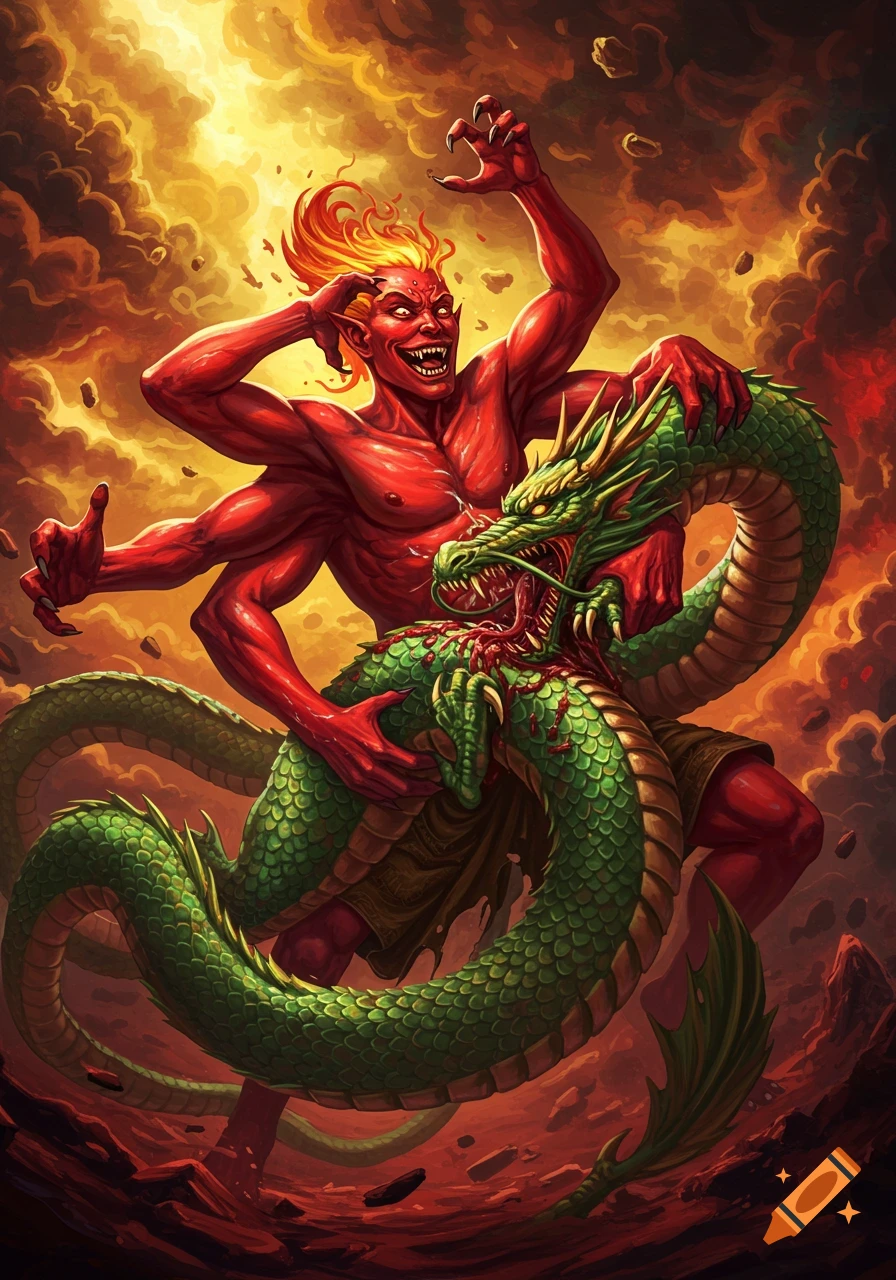 A multi-armed red demon wrestles a green dragon amidst fire and clouds ...