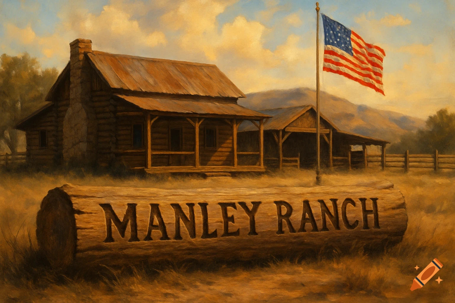 Western ranch scene painting with log buildings, US flag, and 'MANLEY ...