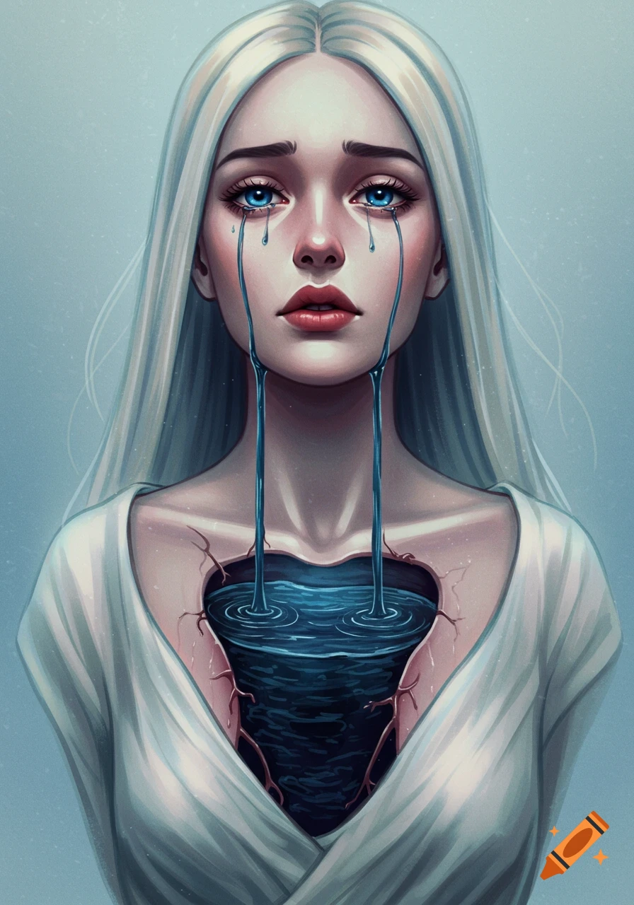 Illustration of a crying woman with tears flowing into a well of water ...