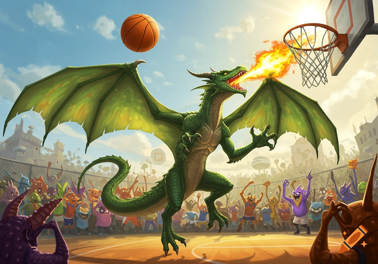 A green dragon breathes fire while playing basketball on a court with a ...