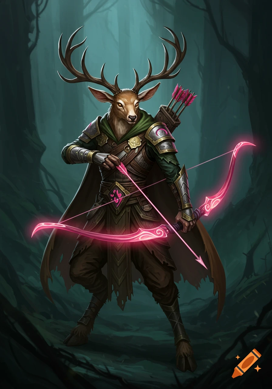 An anthropomorphic deer archer character stands in a dark forest ...