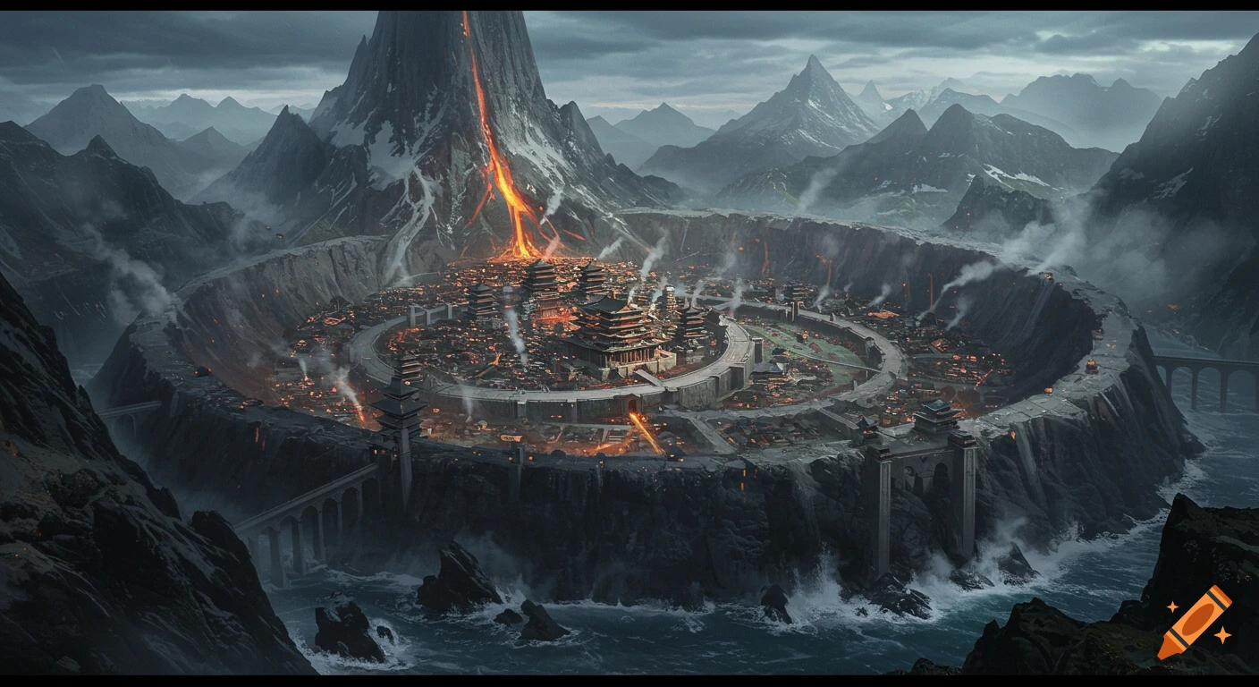 A dramatic fantasy city built inside a volcanic crater, surrounded by ...