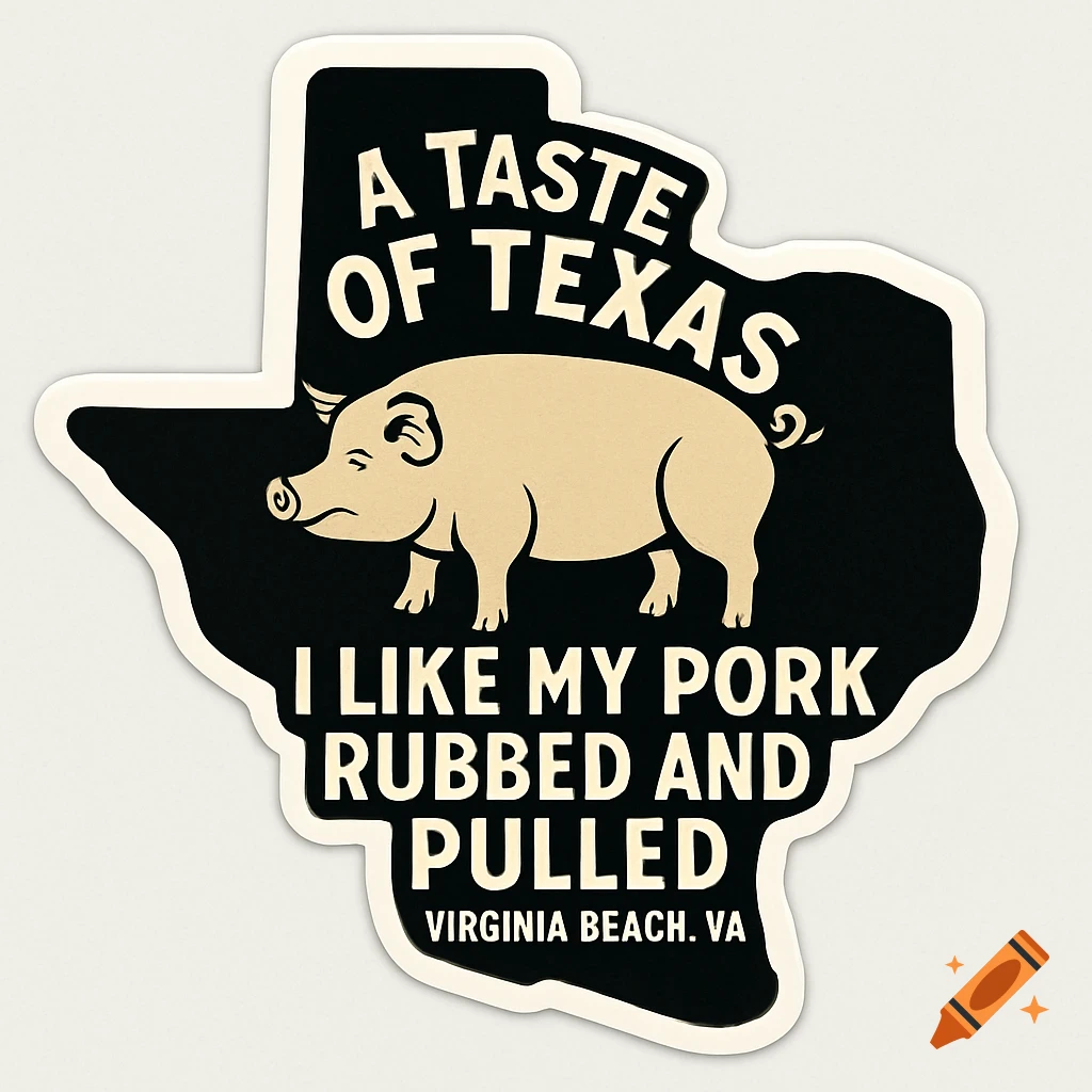 Texas shaped sticker with a pig and text about pork BBQ. on Craiyon
