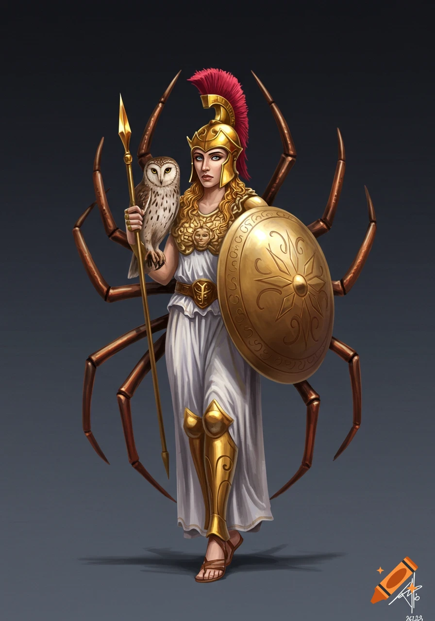 Fantasy illustration of Athena with spider legs, owl, spear, and shield ...